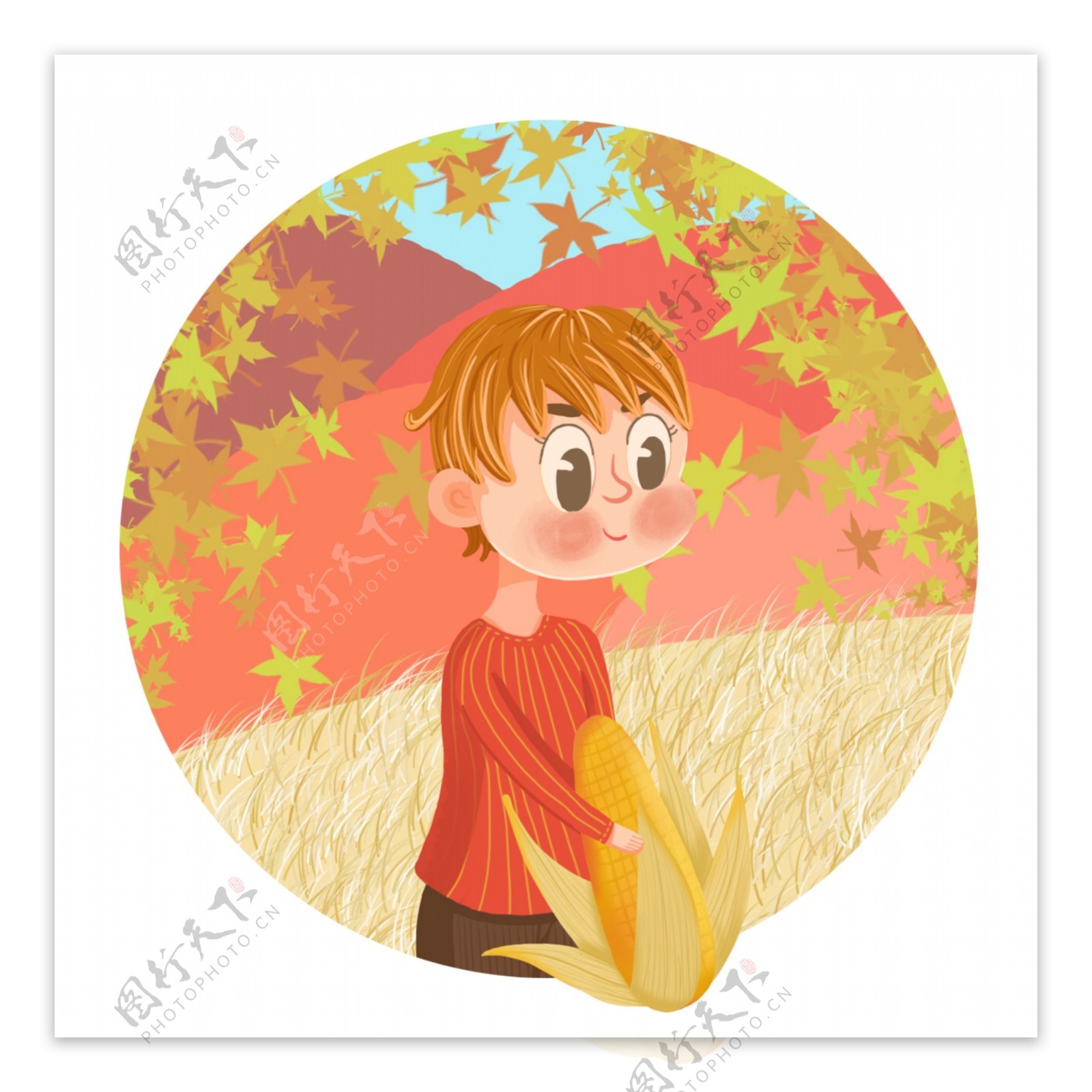 原创手绘可爱丰收人物插画之二十四节气秋分图片_节日元素_设计元素-图行天下素材网