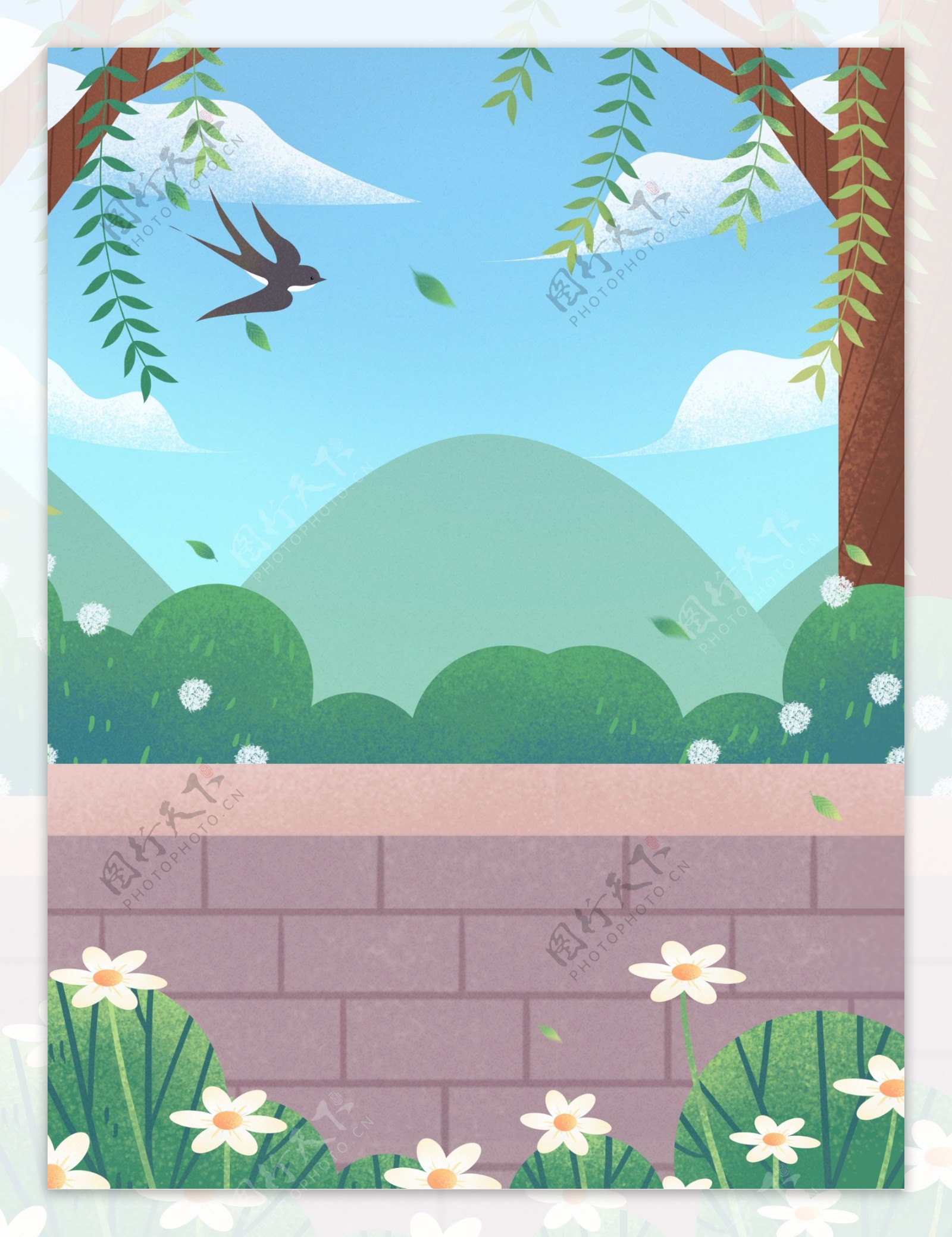 小清新治愈系墙外风景插画背景图片素材-编号32219160-图行天下